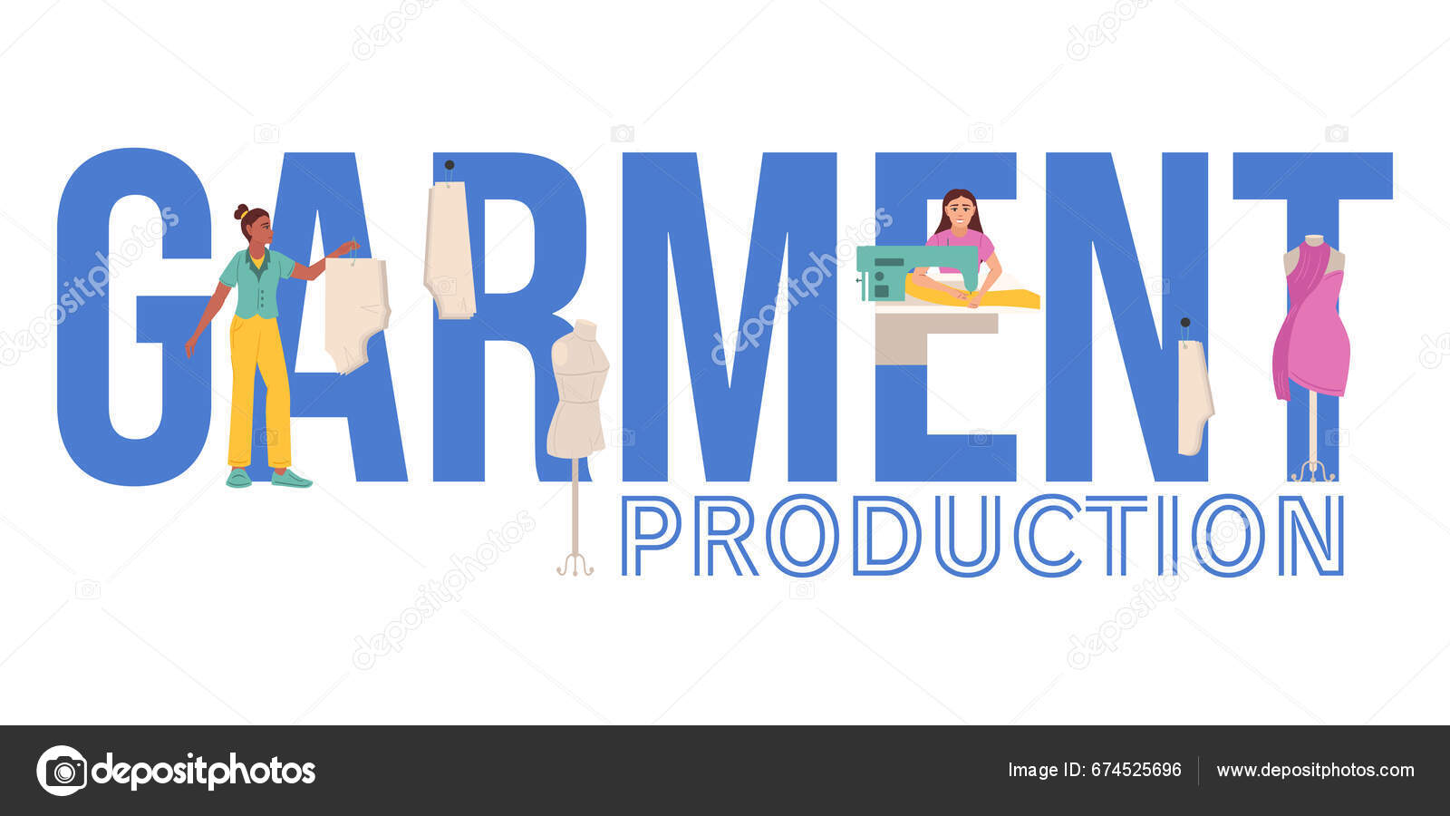 Garment Production Composition Flat Text Icons Mannequins Sewing ...