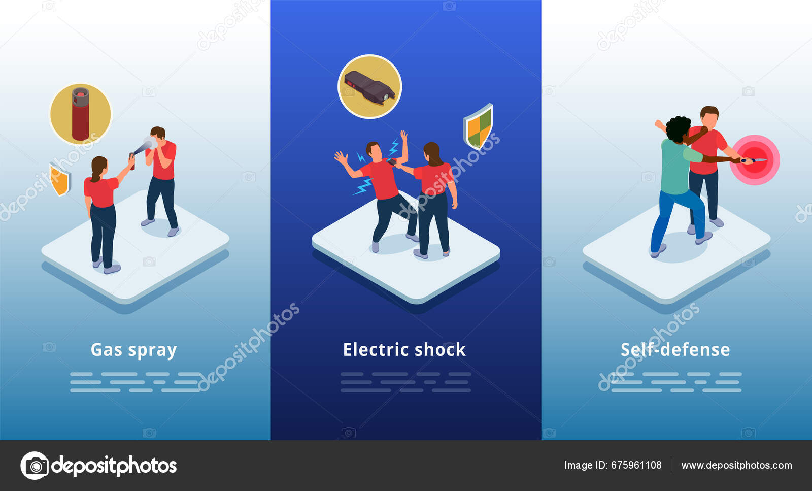 Ways Self Defence Isometric Infographic People Using Pepper Spray Stun ...