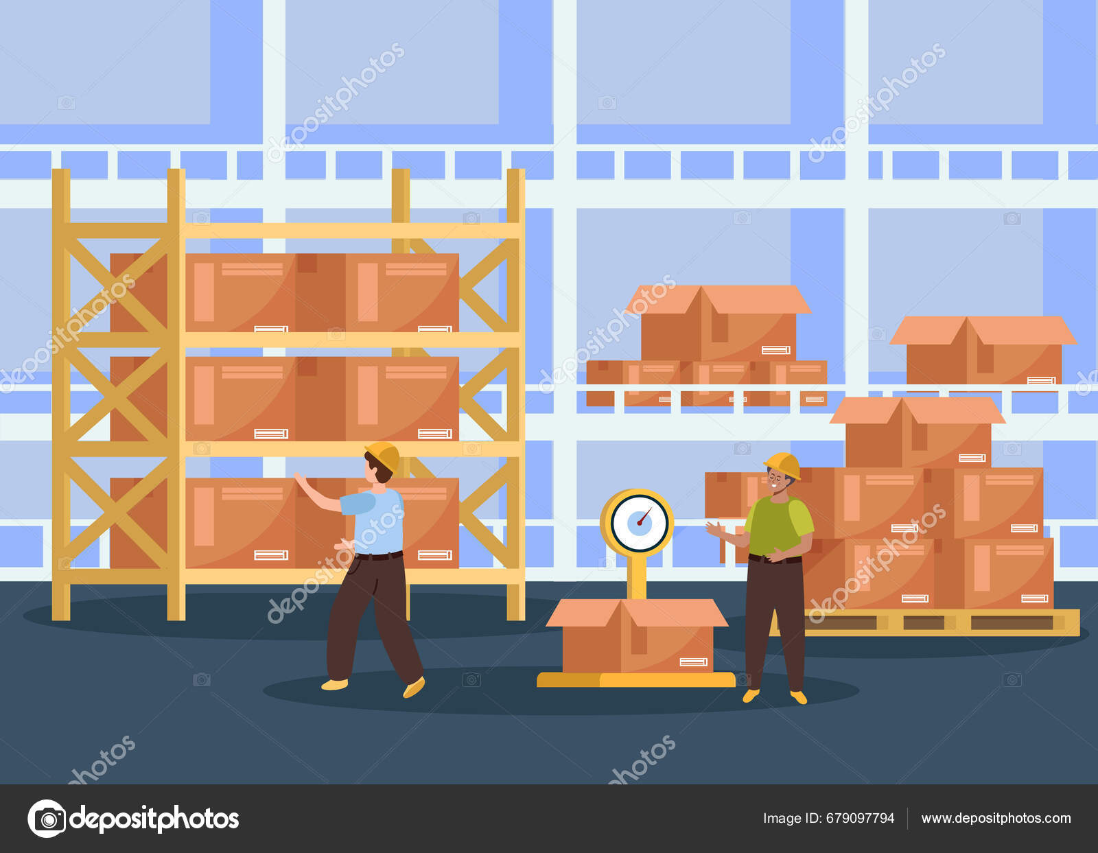 Warehouse Logistic Flat Composition Cartoon Boxes Storage Shelves ...