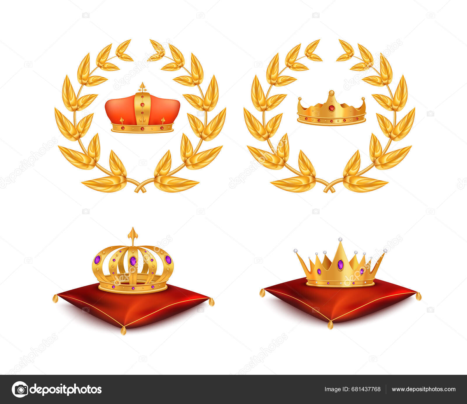 Golden Royal Crown Set Nobility Monarchy Symbols Realistic Isolated ...