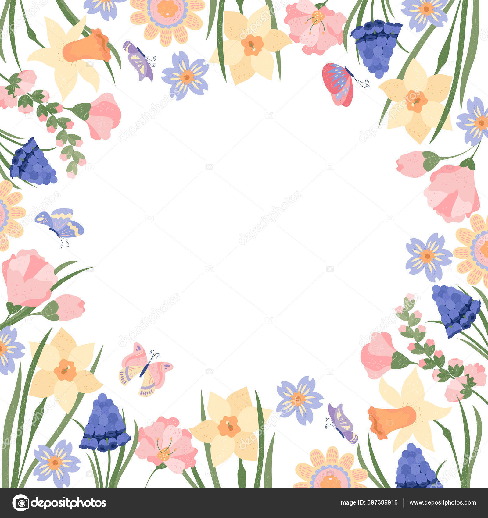 Hand Drawn Flat Spring Frame Background Blooming Flowers — Stock Photo ...