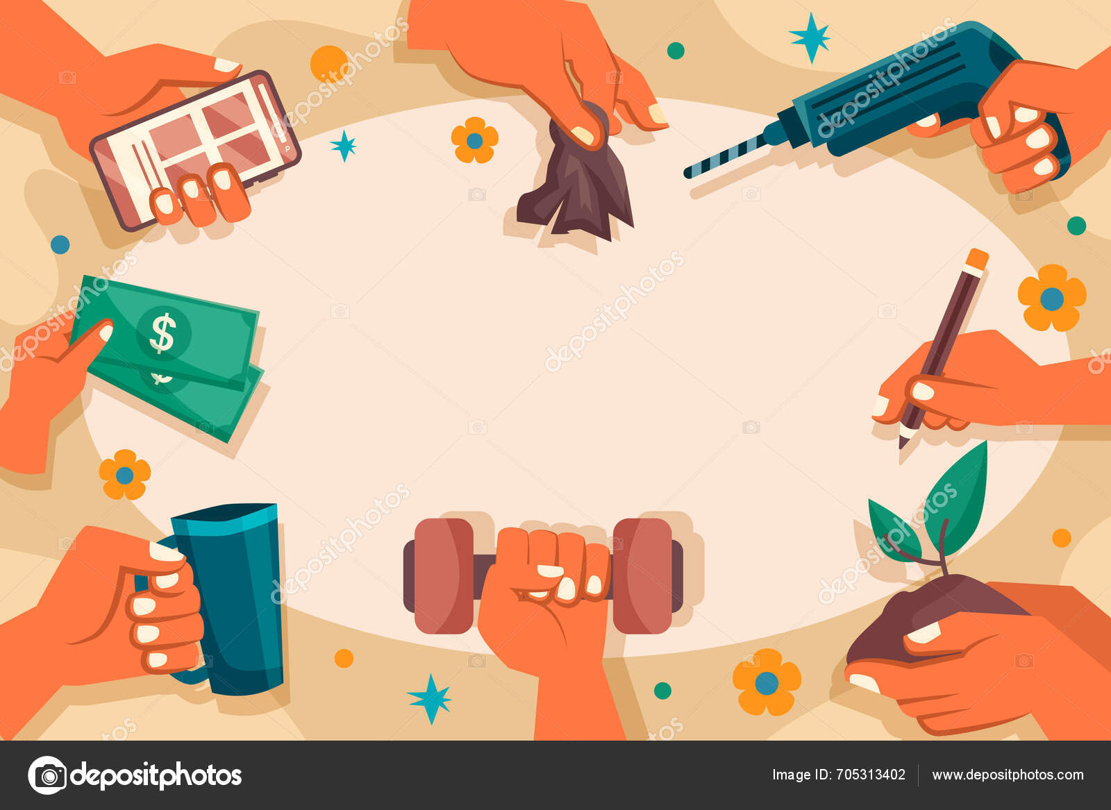Hands Holding Objects Background Flat Design — Stock Photo ...