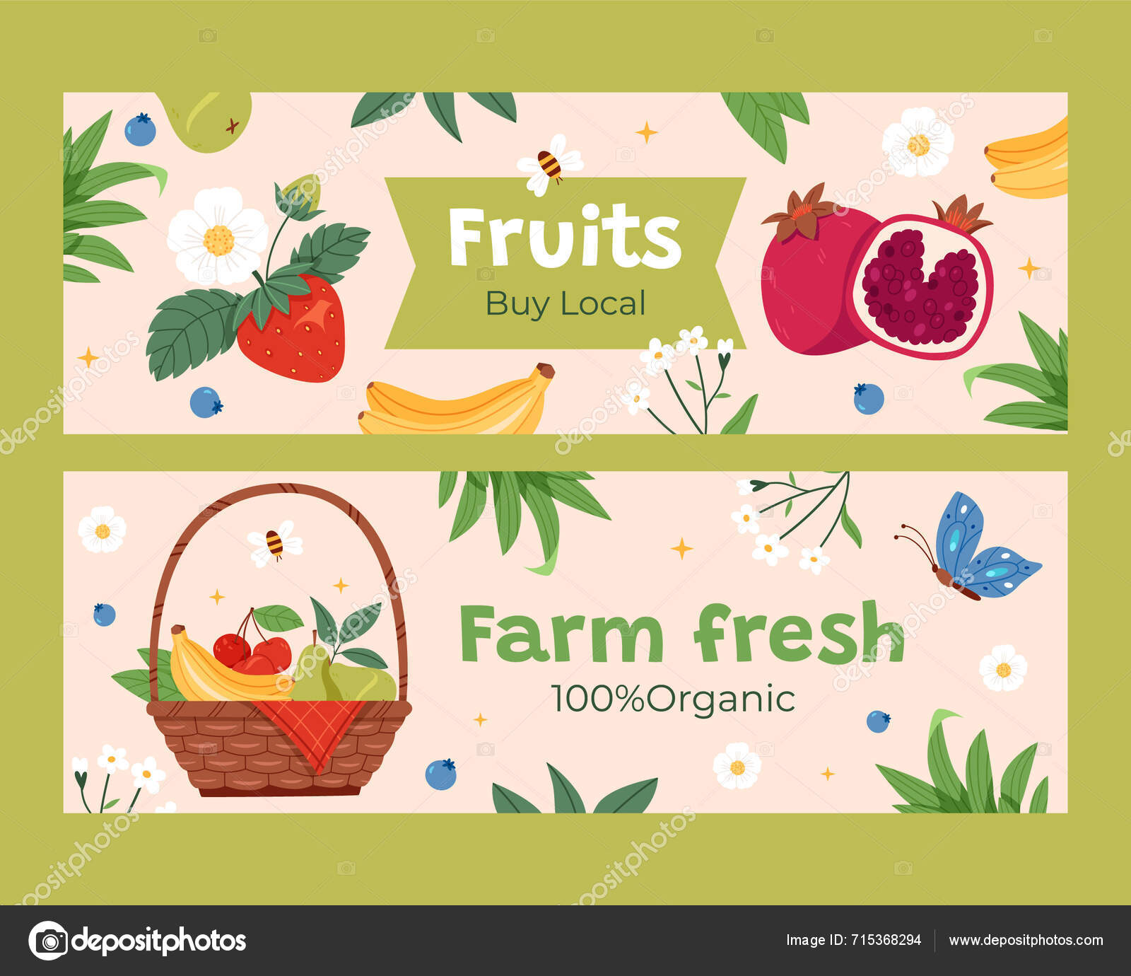 Hand Drawn Flat Fruit Harvest Horizontal Banner Template Set — Stock ...