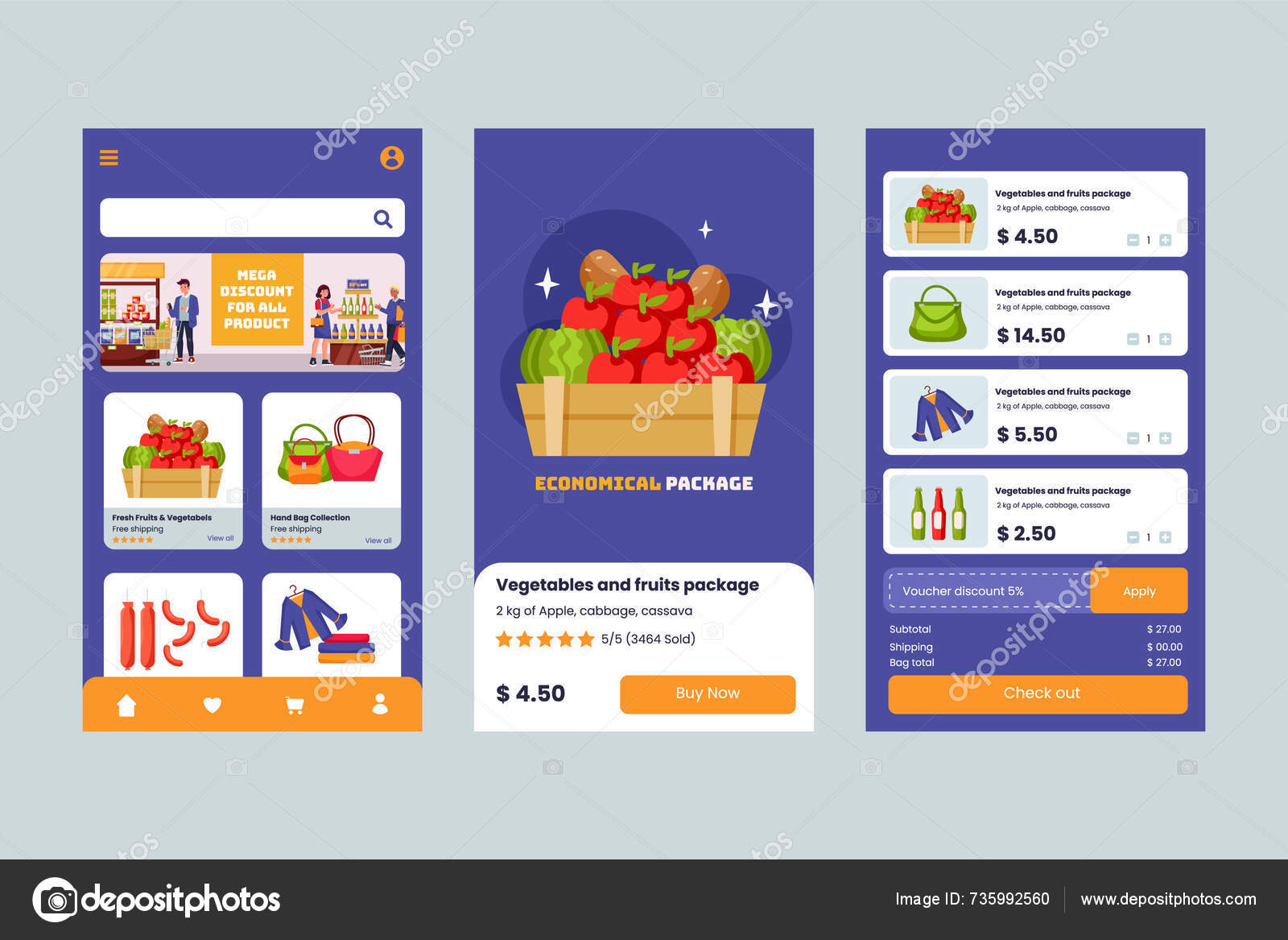 Hand Drawn Flat Shopping App Design Template Set — Stock Photo ...