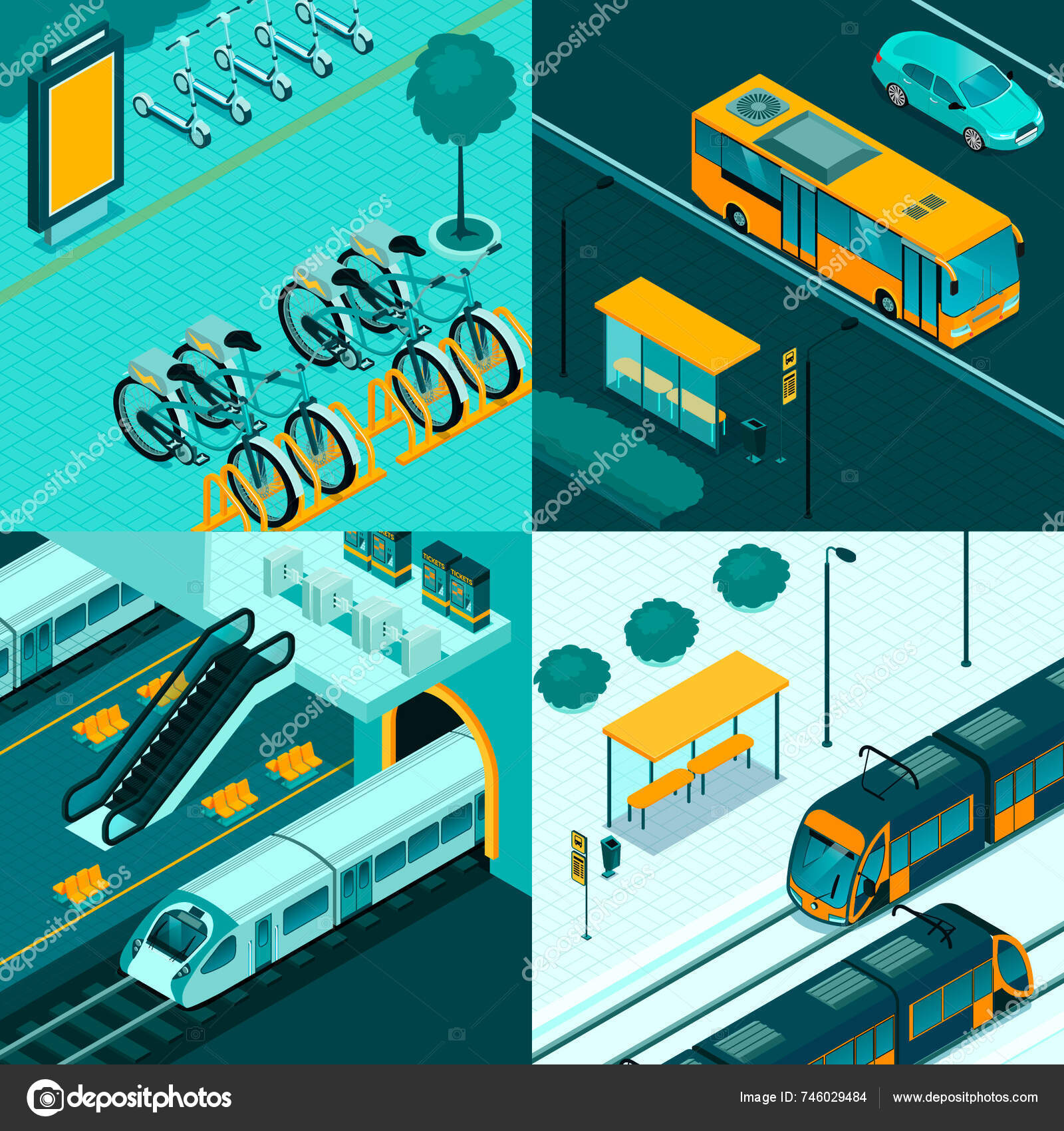 Isometric Public Transport Illustration Set Different Types — Stock ...