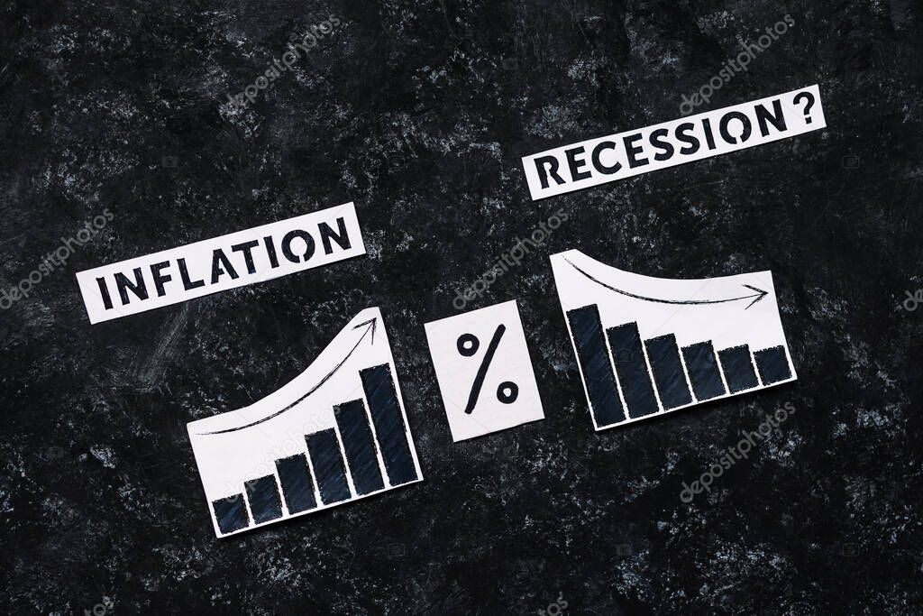 Texto de la inflación y la recesión con símbolos porcentuales y ...