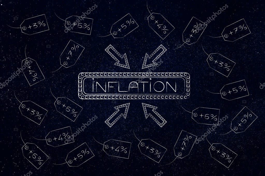 texto de inflación con flechas rodeadas de etiquetas de precios con ...