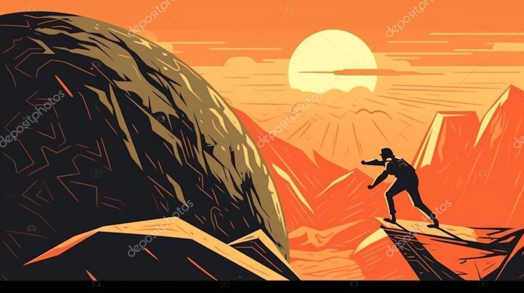 Sísifo mito griego rodando una roca en una montaña. Guy trabajador ...