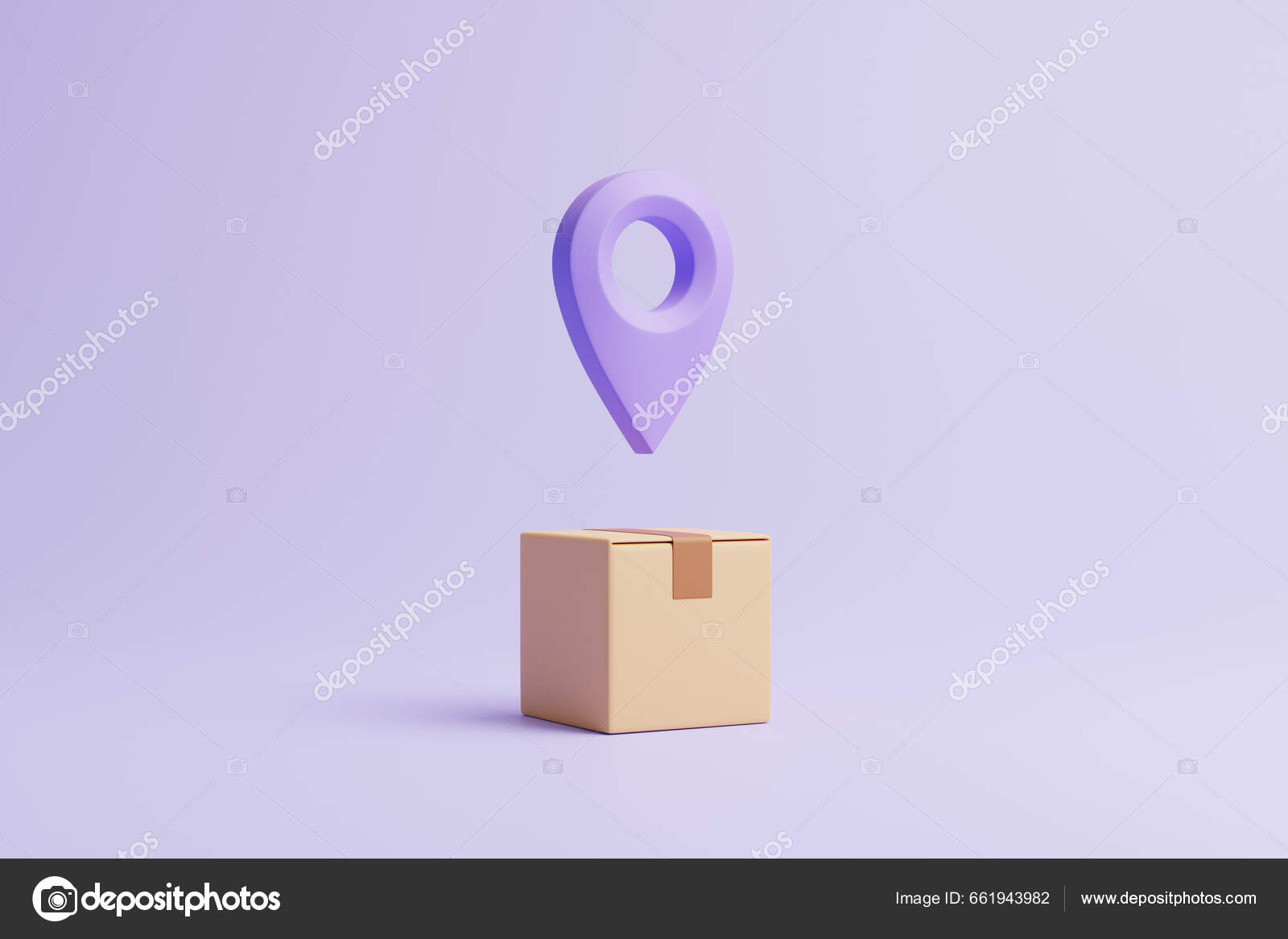 Brown Cardboard Box Violet Location Pin Pastel Lilac Background Concept ...
