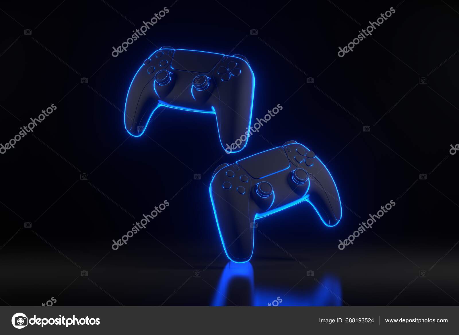 Gamepad Bright Glowing Futuristic Blue Neon Lights Black Background ...