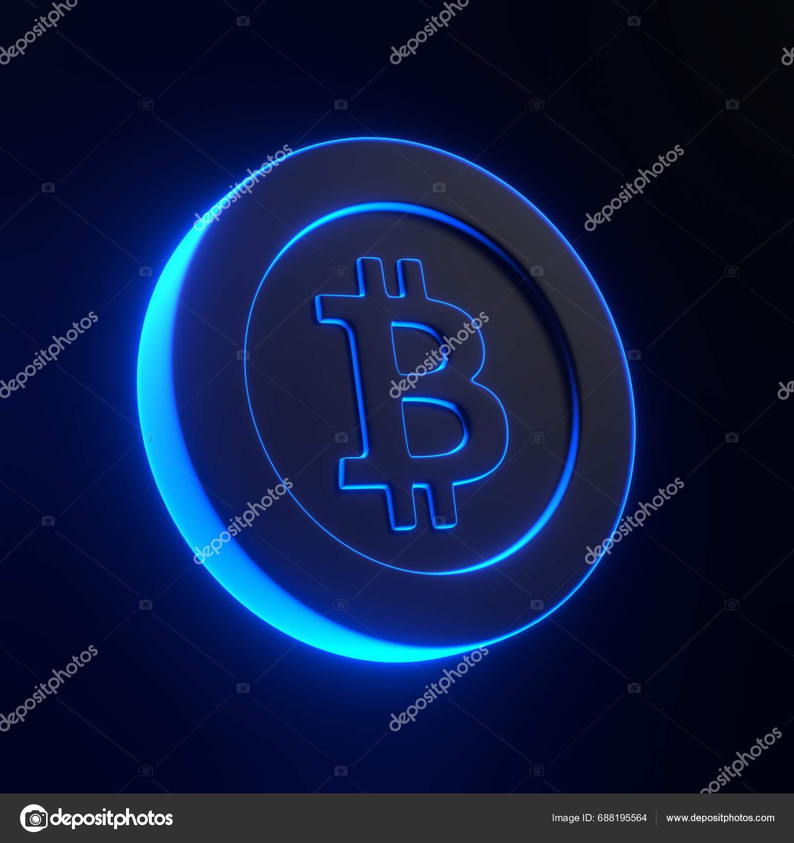 Bitcoin Token Bright Glowing Futuristic Blue Neon Lights Black ...