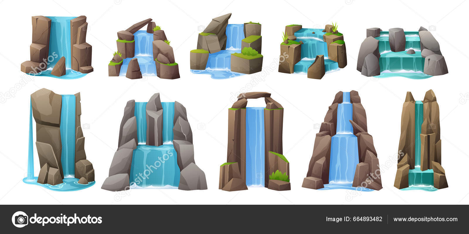 Cartoon Waterfall Cartoon Water Cascade Icons Tropical Nature Landscape ...