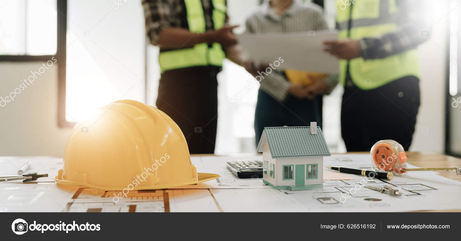 Civil Engineer Teams Meeting Working Together Wear Worker Helmets ...