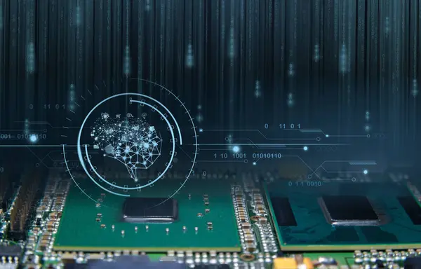 Concepto de inteligencia artificial con microchip y superposici n cerebral digital. Representa ...