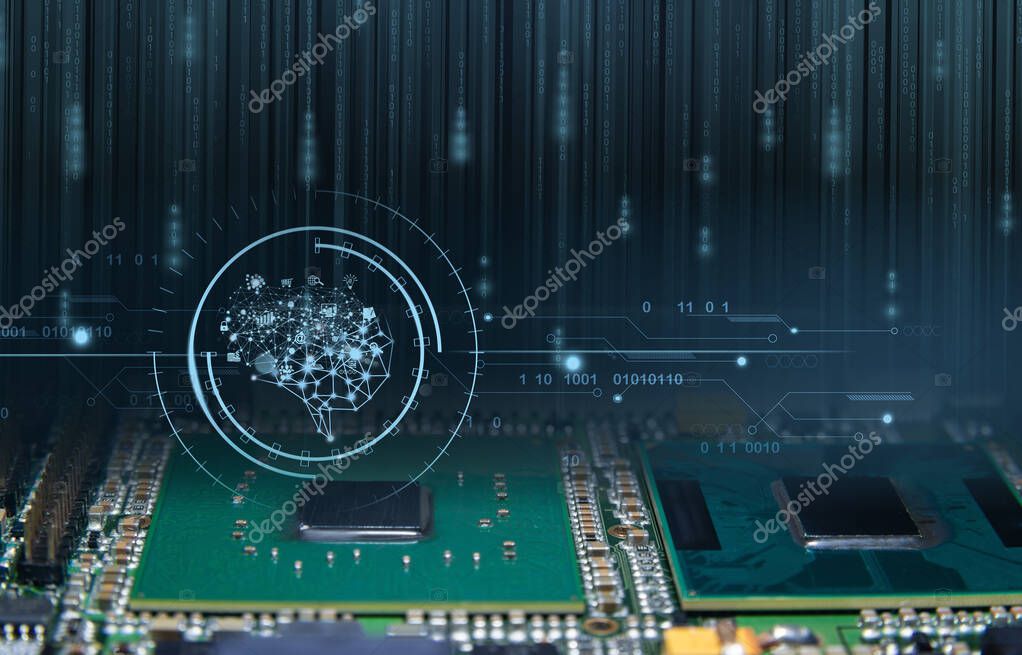 Concepto de inteligencia artificial con microchip y superposici n cerebral digital. Representa ...