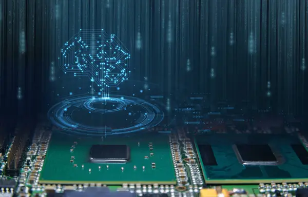 Concepto de inteligencia artificial con microchip y superposici n cerebral digital. Representa ...