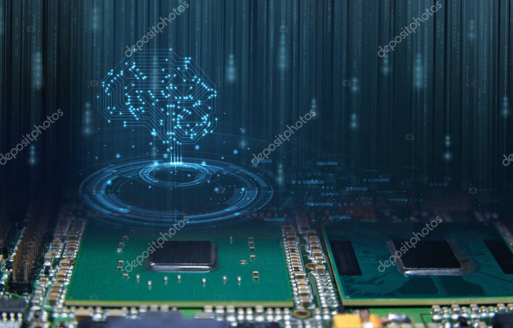 Concepto de inteligencia artificial con microchip y superposici n cerebral digital. Representa ...