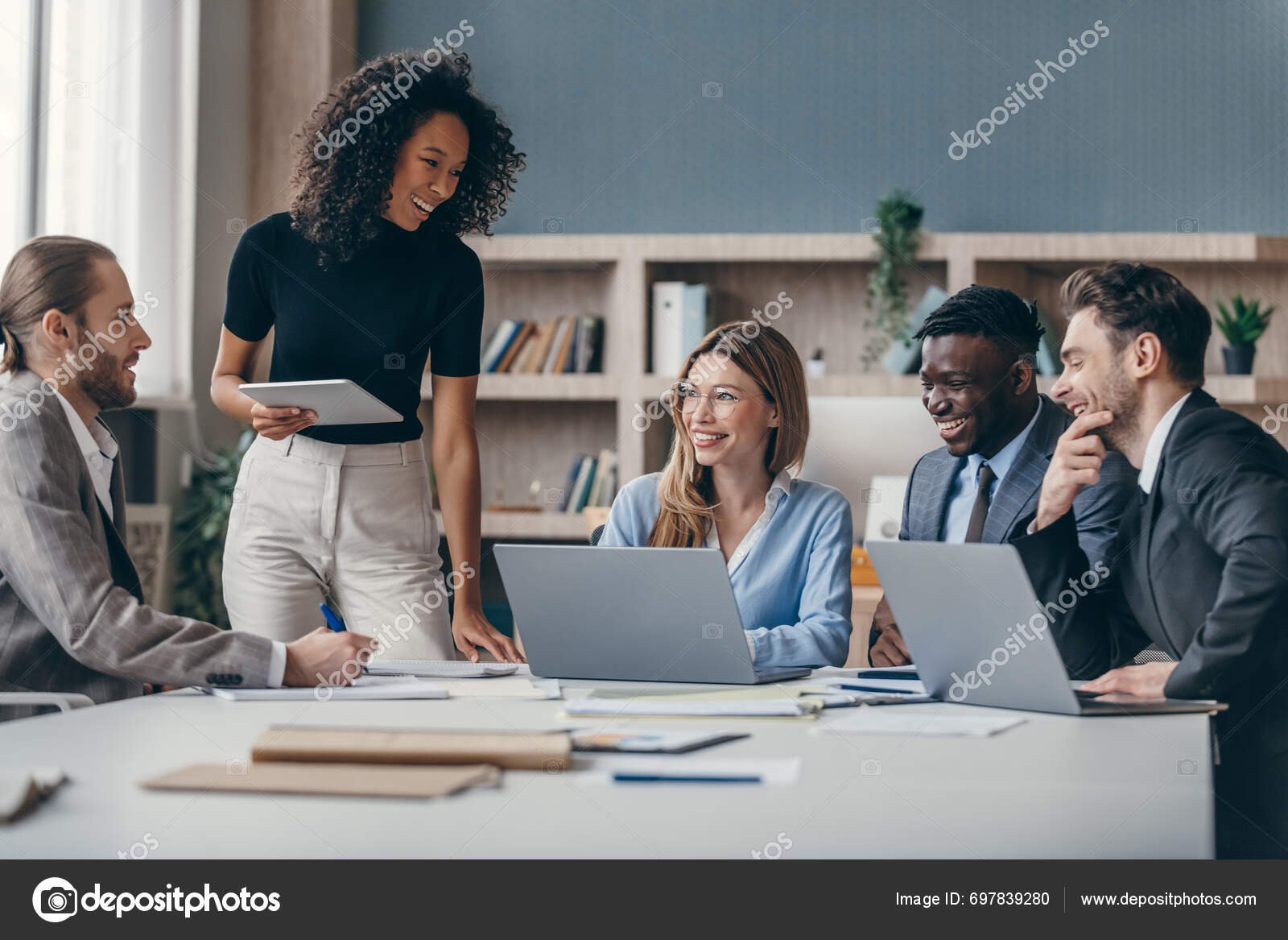 Happy Group Business People Discussing Strategy Team Meeting Office ...