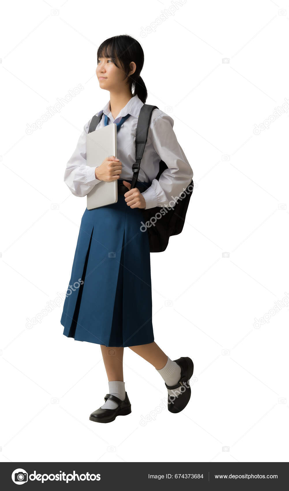 Full Body Happy Smiling Asian Student Girl Wearing Uniform Standing ...