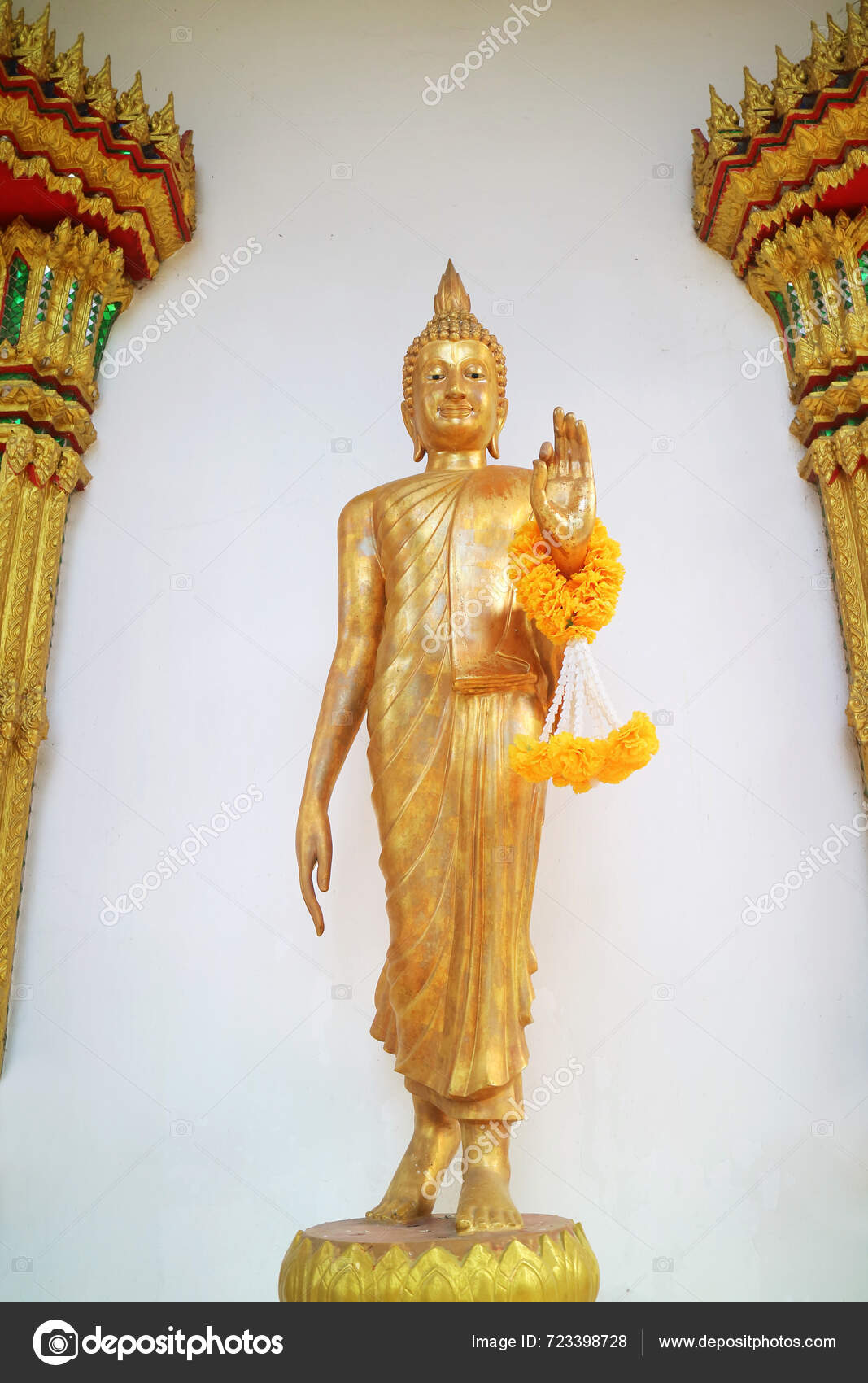 Beautiful Golden Buddha Image Waking Posture Offering Garland Arm ...
