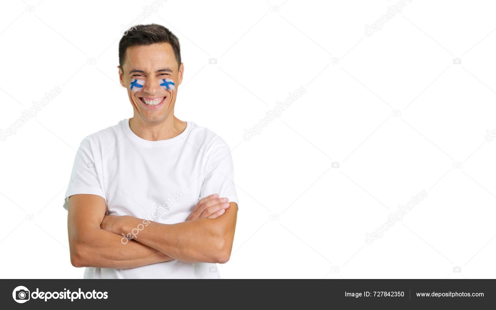 Man Standing Finnish Flag Painted Face Smiling Arms Crossed — Stock ...