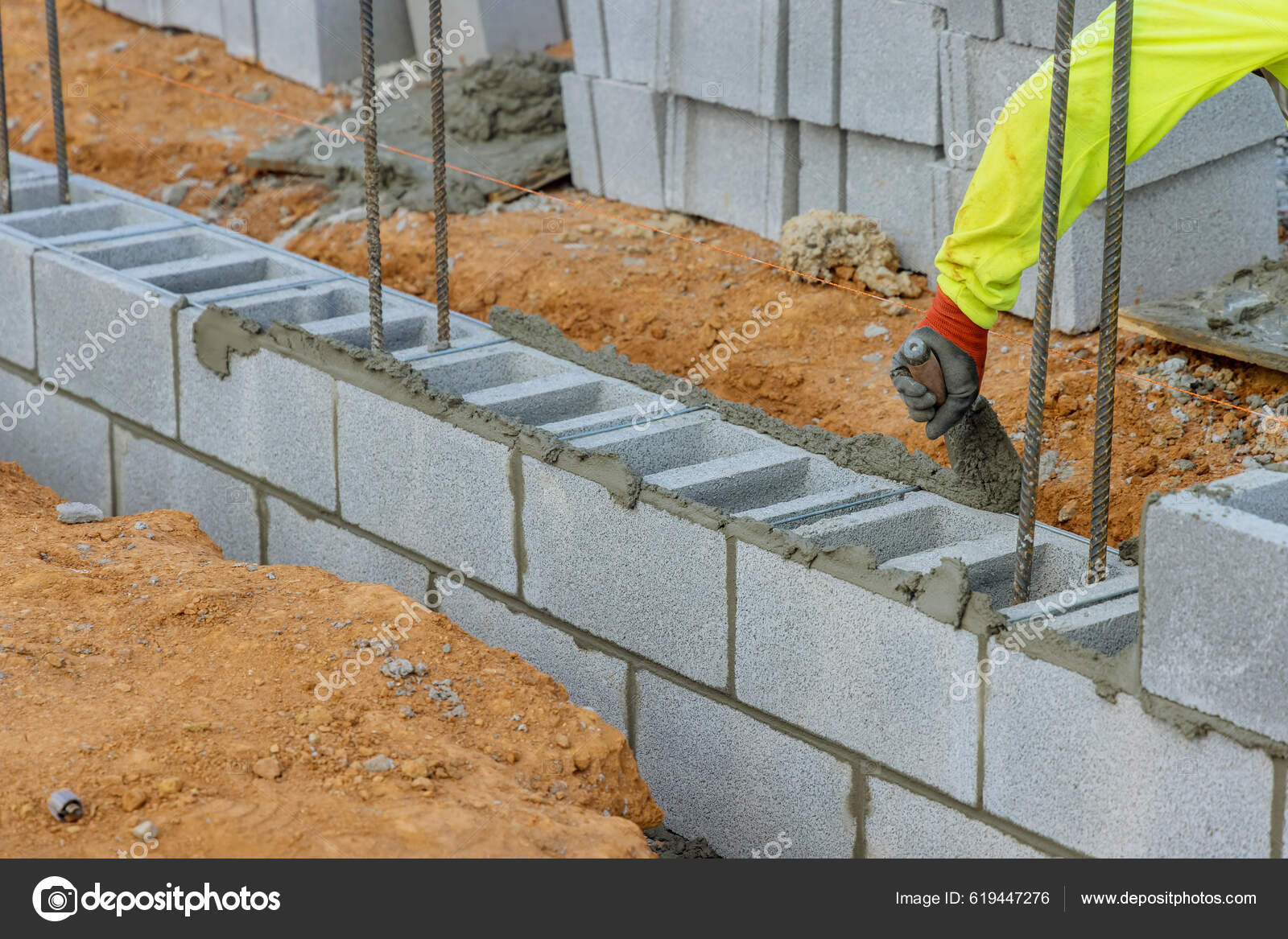 Bricklayers Laying Concrete Blocks Wall Order Construct Building Using ...