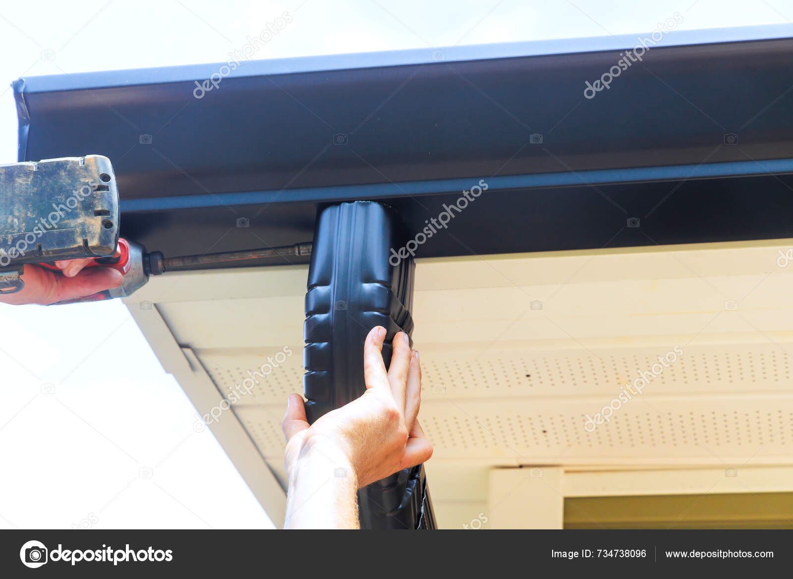 Installing Rain Gutter Roof Fitting Downpipe Downspout Bend — Stock ...