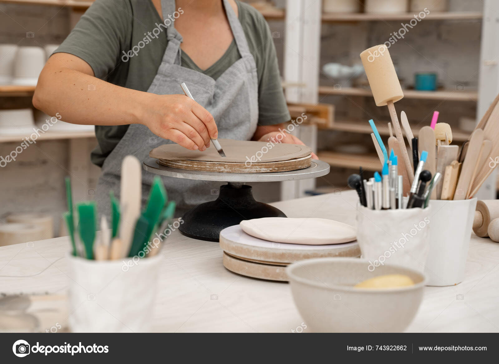 Girl Modeling Clay Form Using Sharp Pottery Carving Knife Cut — Stock ...