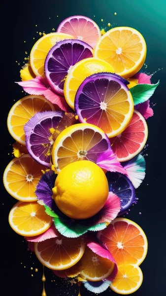 Abstract background, lemon in splashes of paint and juice. neon color ...