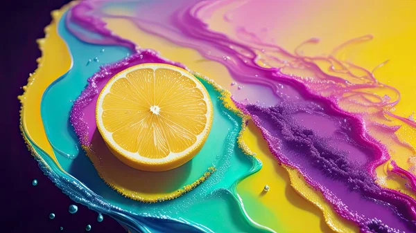 Abstract background, lemon in splashes of paint and juice. neon color ...