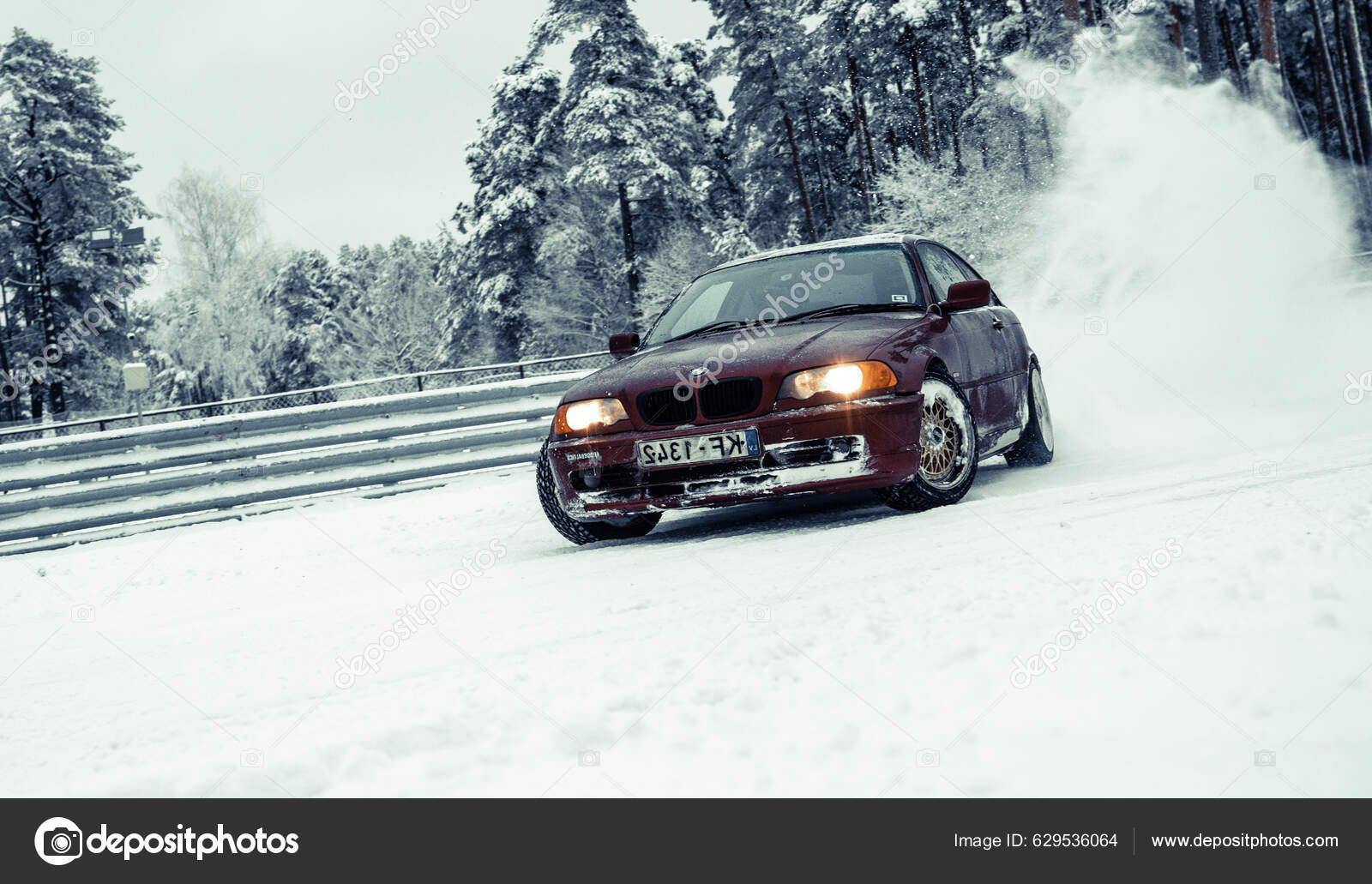 2022 Riga Latvia Car Driving Snowy Road Trees Background Fence – Stock ...