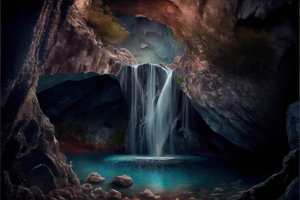 a waterfall in a cave with a blue pool below it and a man standing in ...