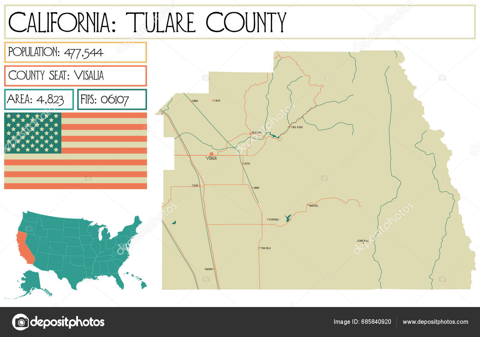 Large Detailed Map Tulare County California Usa Stock Vector By ©malachy666 685840920