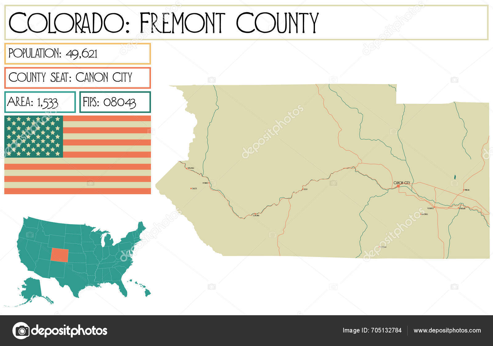 Image vectorielle Grande Carte Détaillée Comté Fremont Dans Colorado ...