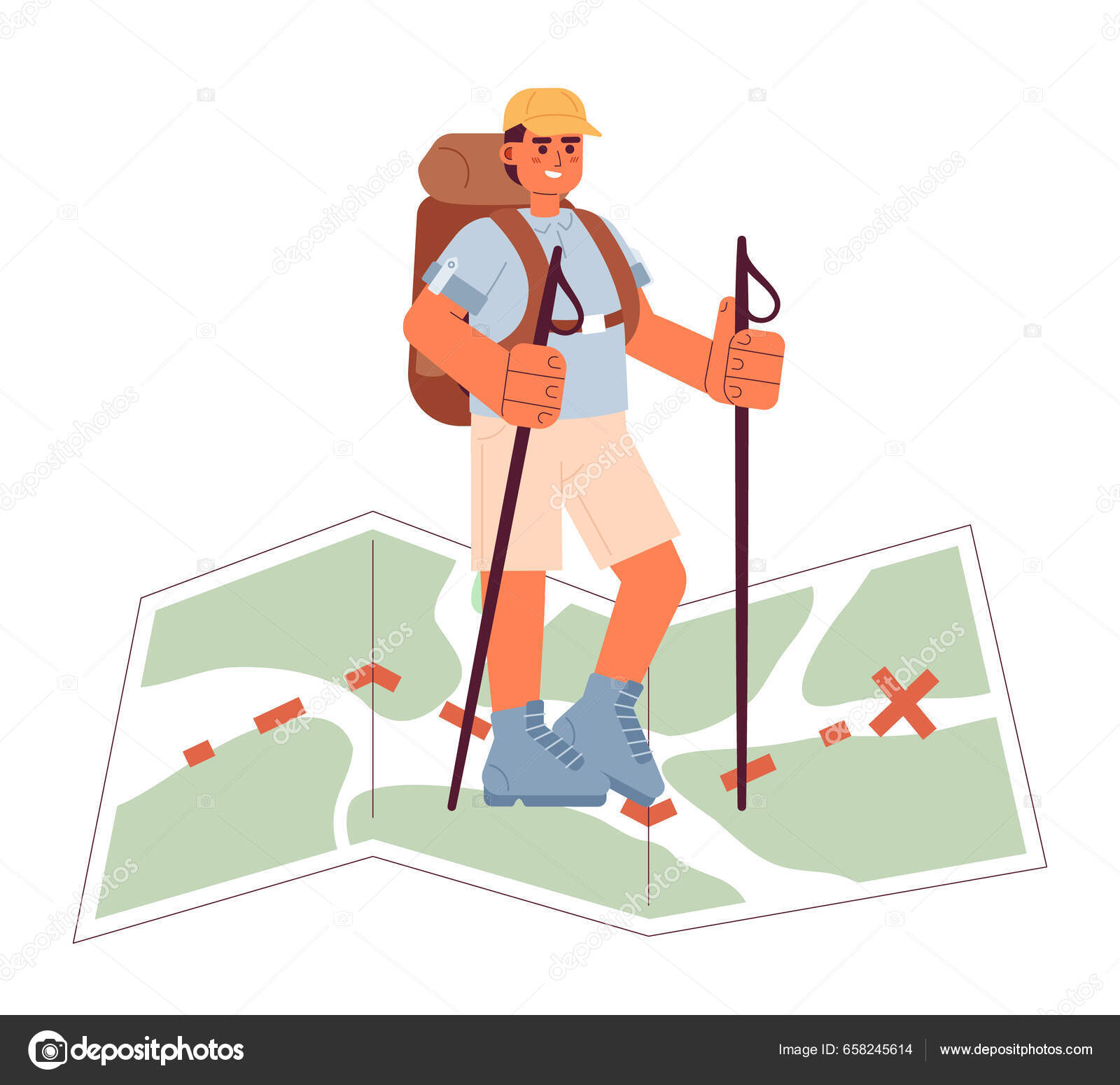 Adventure Travel Conceptual Hero Image Backpacker Trekking Map Cartoon ...