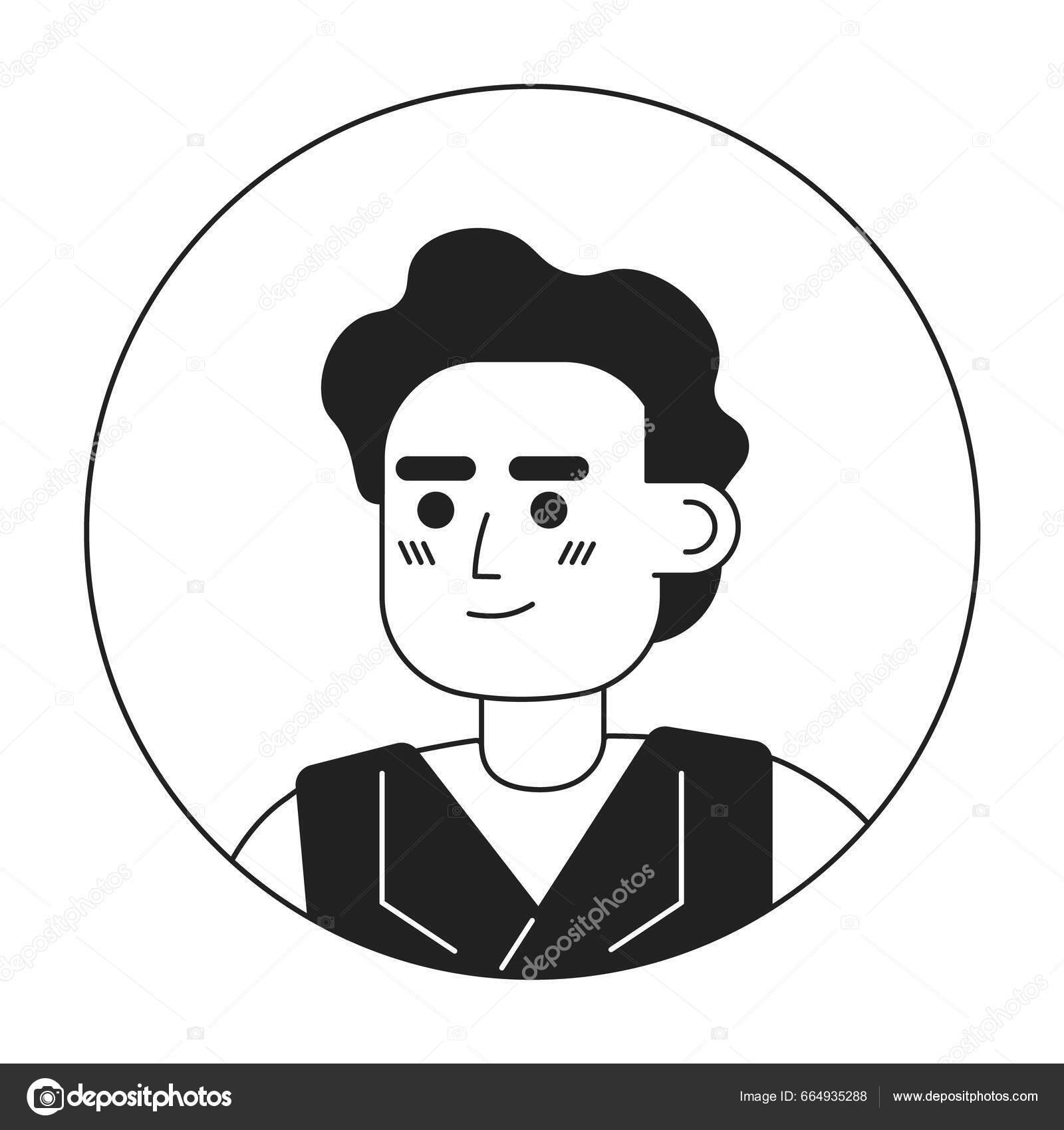 Handsome Arabian Man Monochrome Flat Linear Character Head Brunette