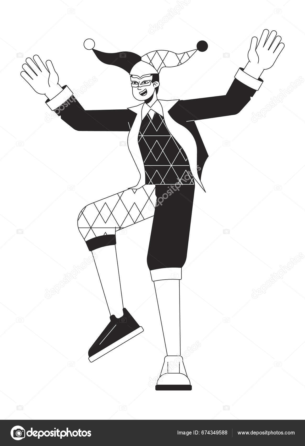 Guasón Traje Medieval Línea Plana Negro Blanco Vector Carácter Hombre ...