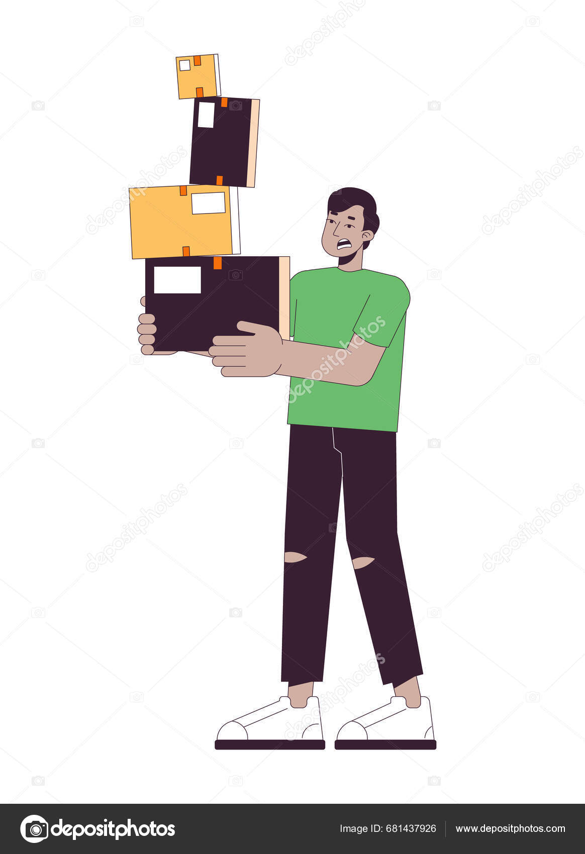 Startled Man Carrying Stacked Boxes Line Cartoon Flat Illustration ...