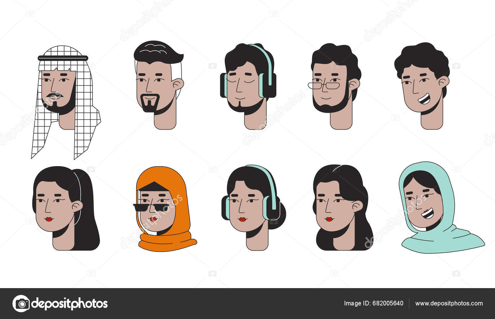 Arab Middle Eastern Linear Cartoon Character Faces Set Saudi Man Stock ...
