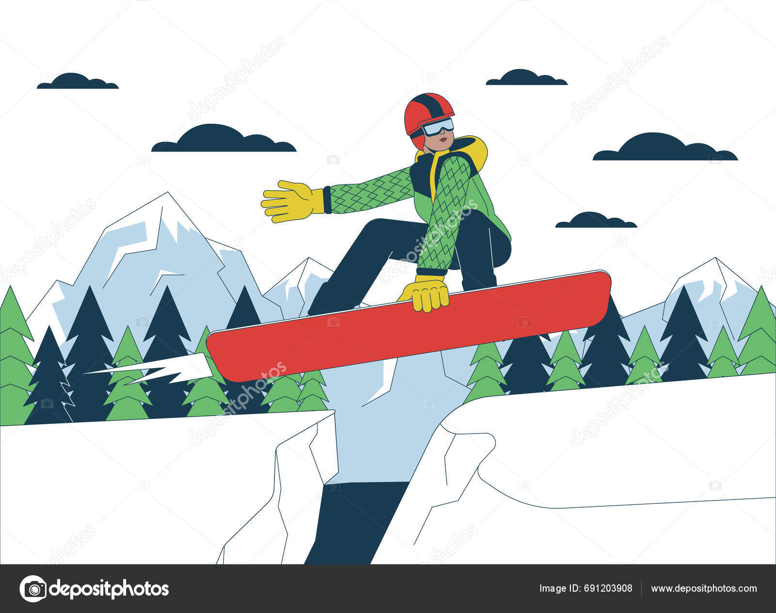 Snowboarder Jumping Mountain Slope Line Cartoon Flat Illustration Black ...