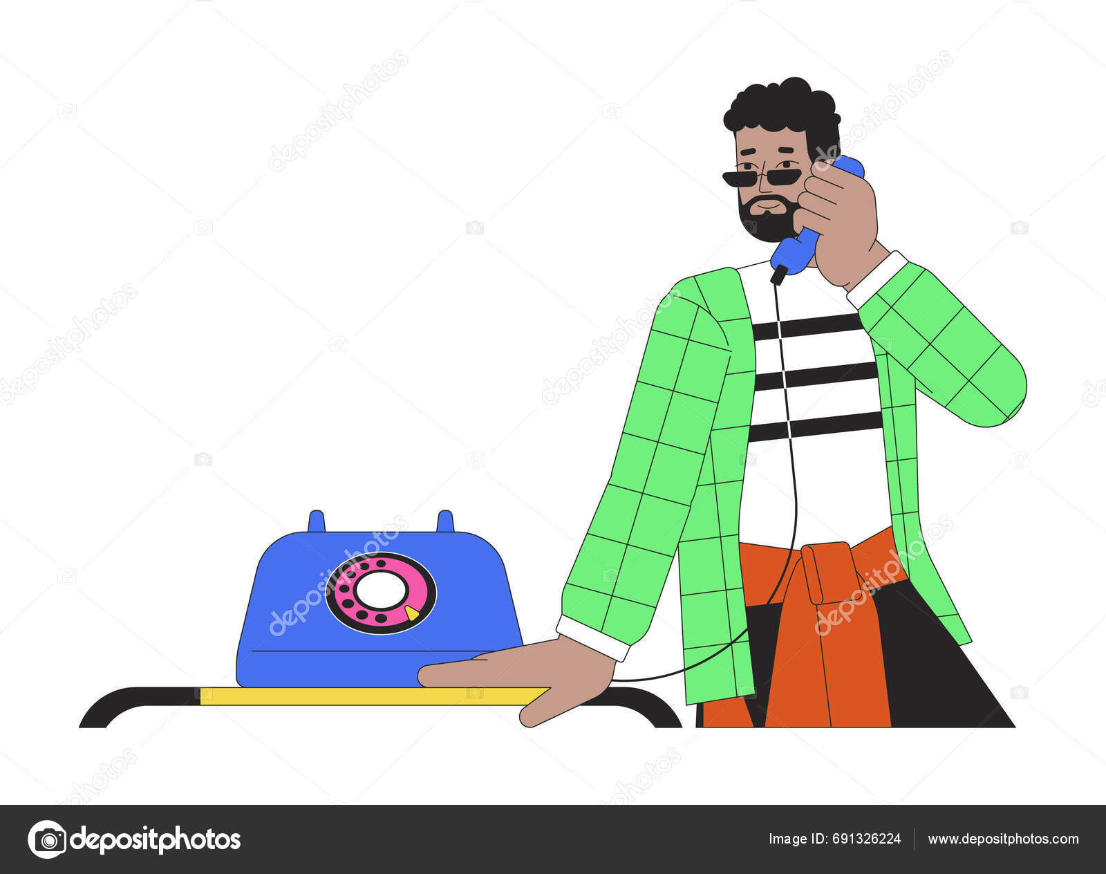 African American Man Holding Telephone Receiver Linear Cartoon Character Retro Stock Vector by ...