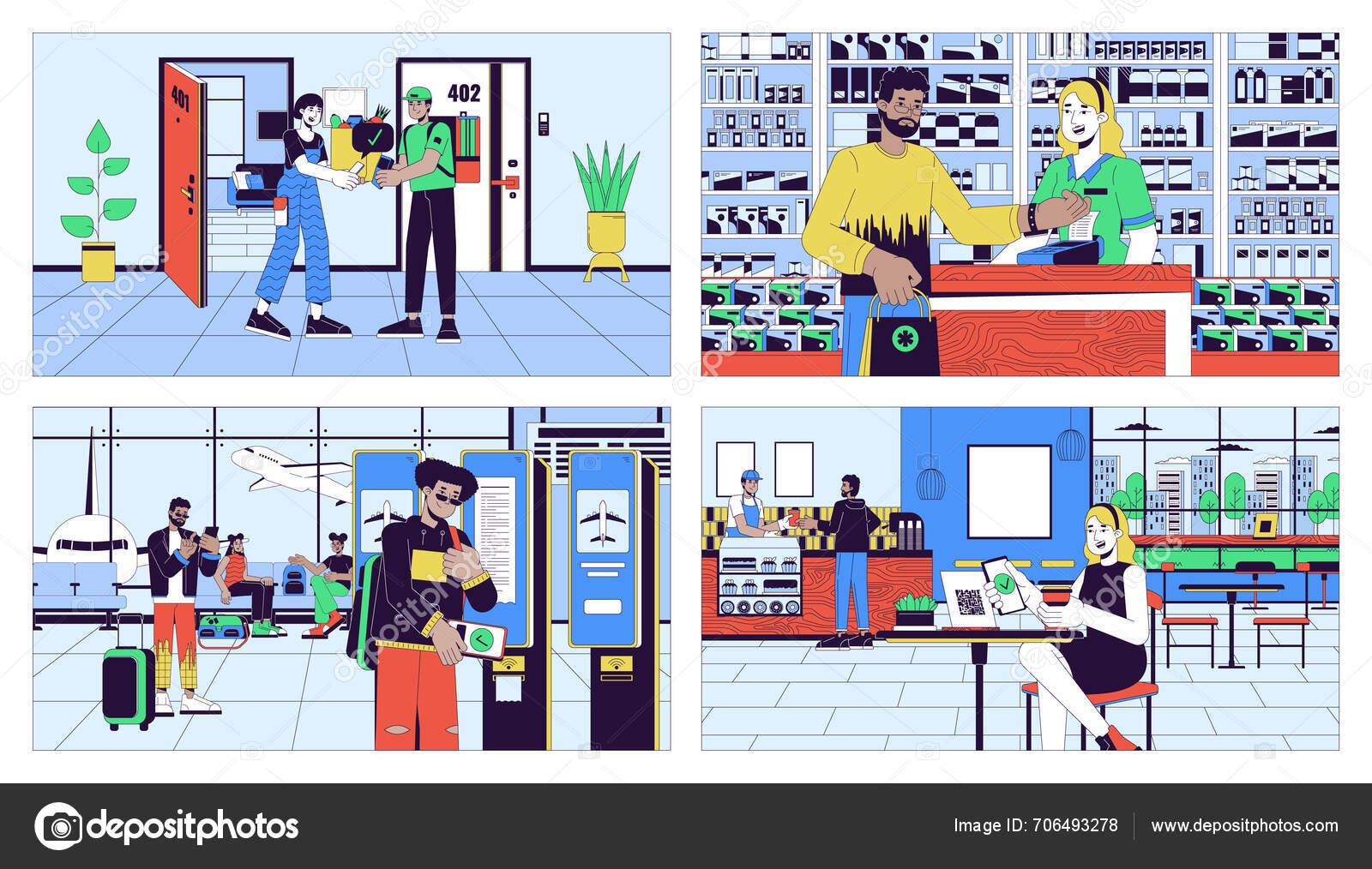 Nfc Mobile Banking Cartoon Flat Illustration Set Scanning Transfer ...