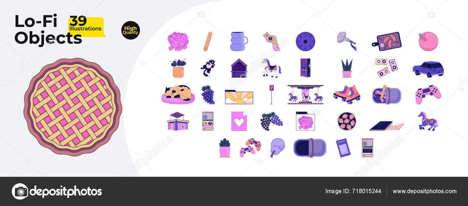 90S Chillout Linear Cartoon Objects Bundle Picnic Food Flowerpots ...