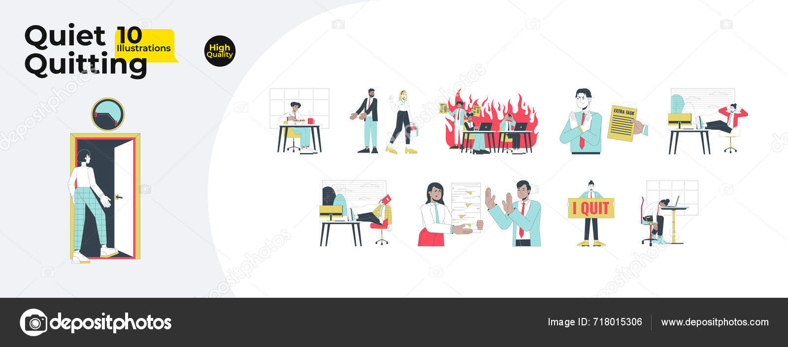 Quiet Quitting Line Cartoon Flat Illustration Bundle Diverse Gen ...
