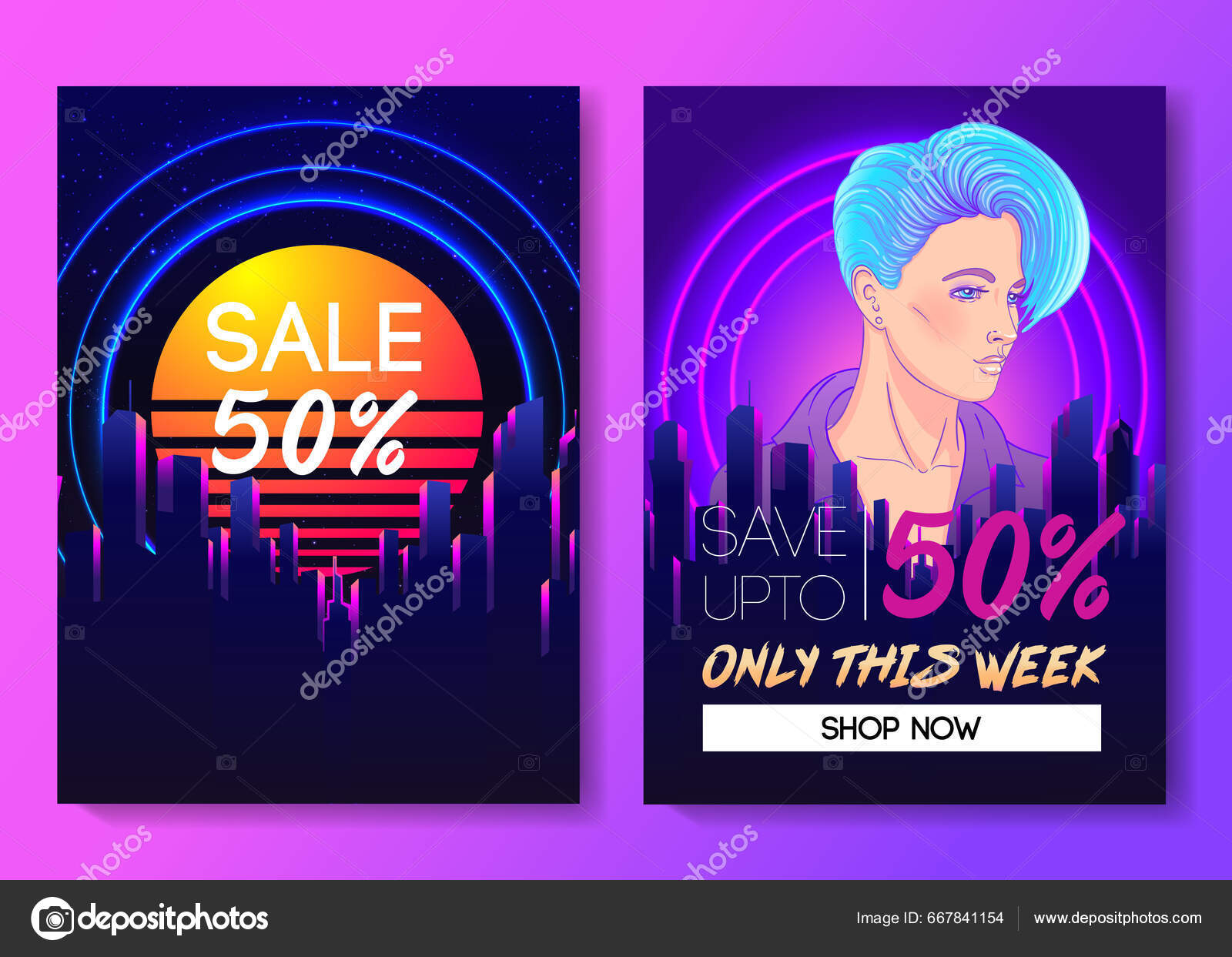 Futuristic Synth Wave Style Retroparty Flyer Template Portrait Young ...