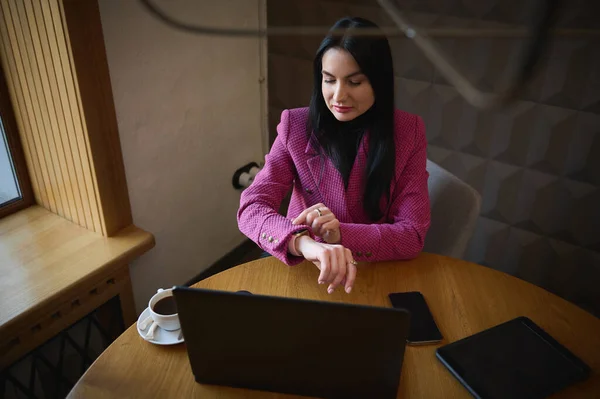 Top view Caucasian successful purposeful business woman, looking at ...