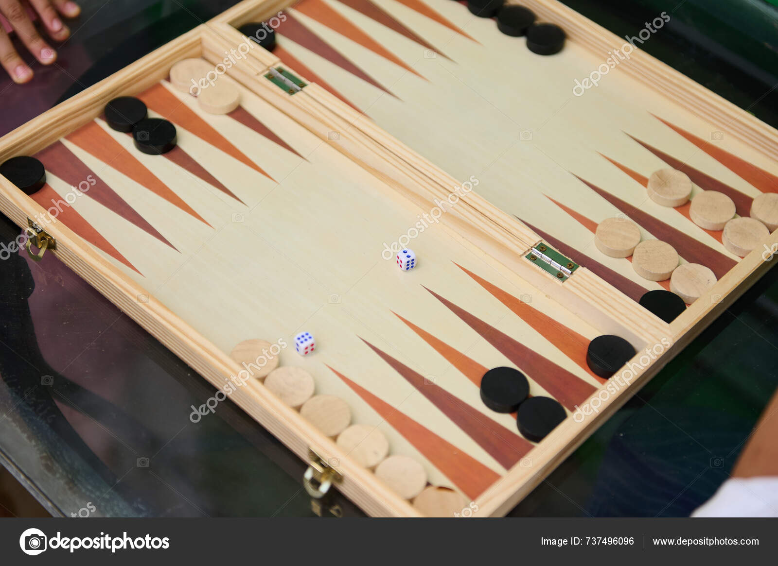 Wooden Backgammon Board Setup Featuring Dice Checkers Ready Strategic ...