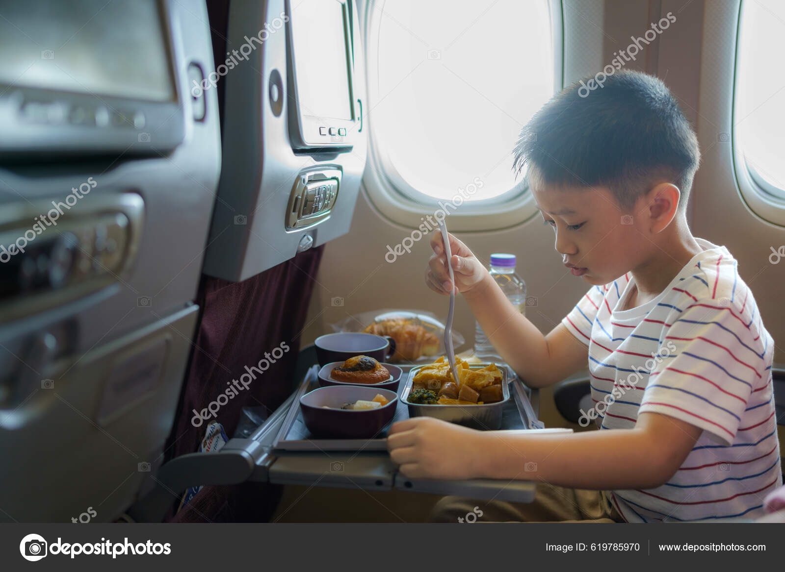 Asian Child Airplane Window Seat Kids Flight Meal Children Fly — Stock ...