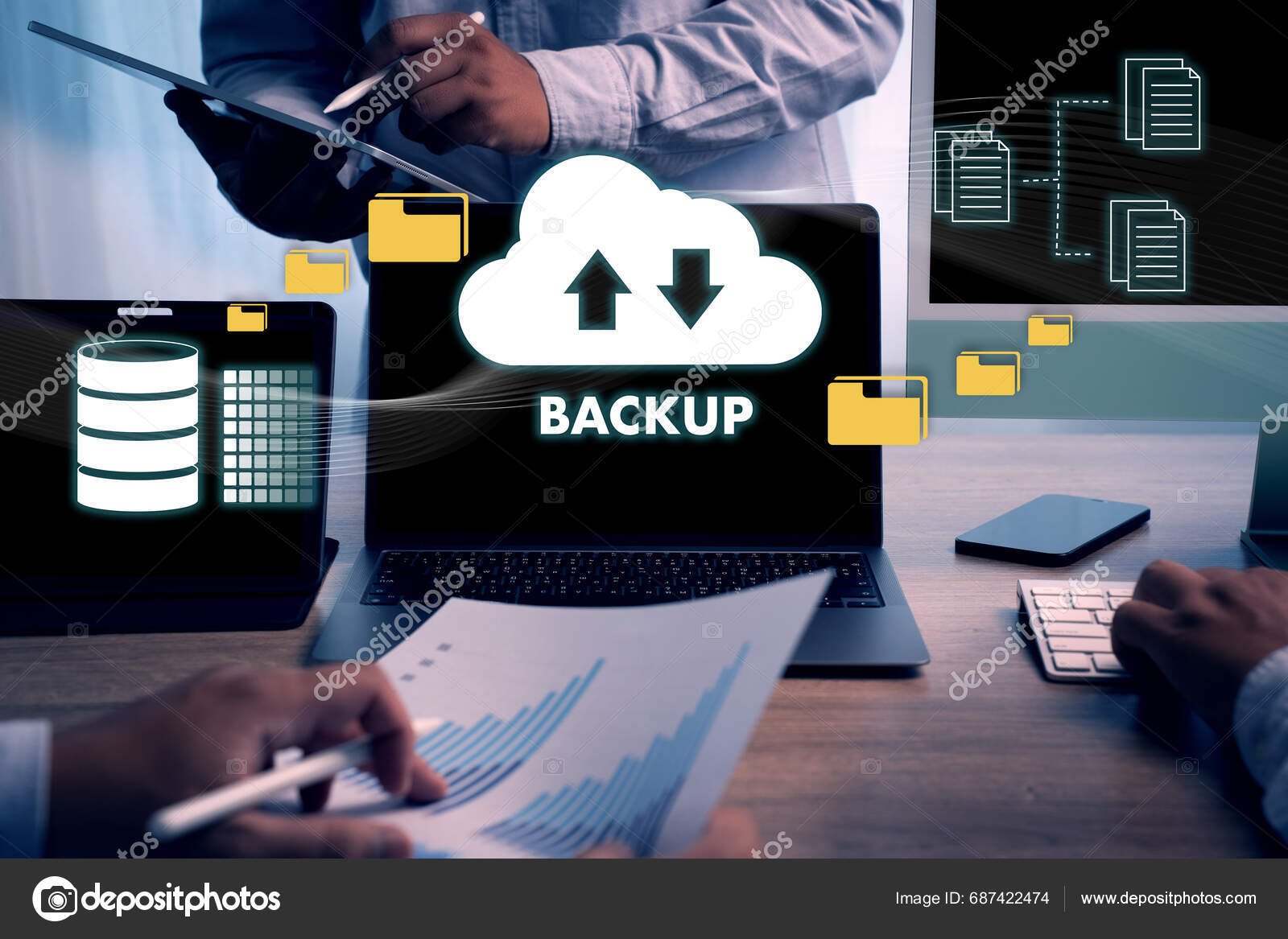 Man Uses Computers Online Backup Technology Data Storage Laptop Digital ...