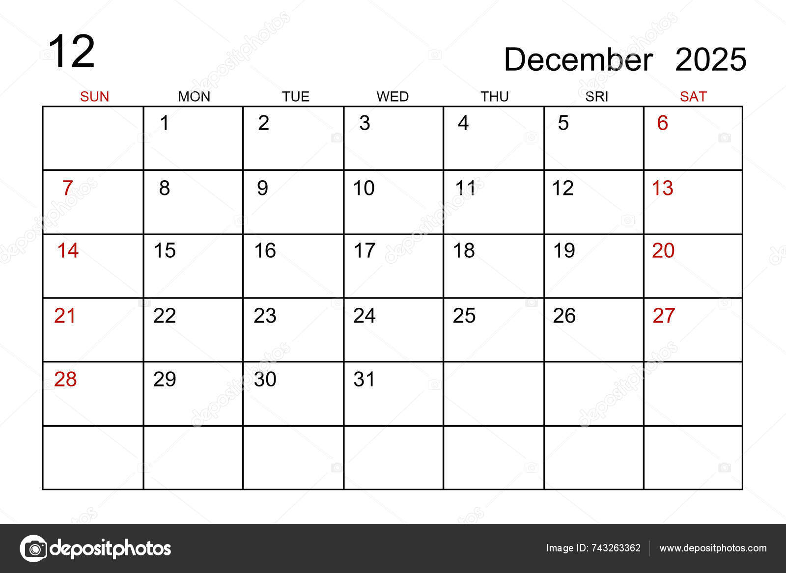 December 2025 Calendar Template White Paper Background — Stock Photo ...